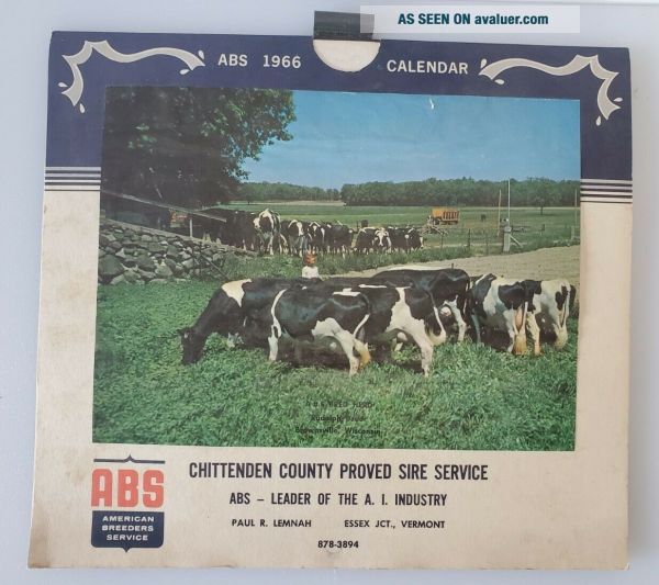 1966 American Breeders Service Essex Jct VT Dairy Advertising Calendar ...