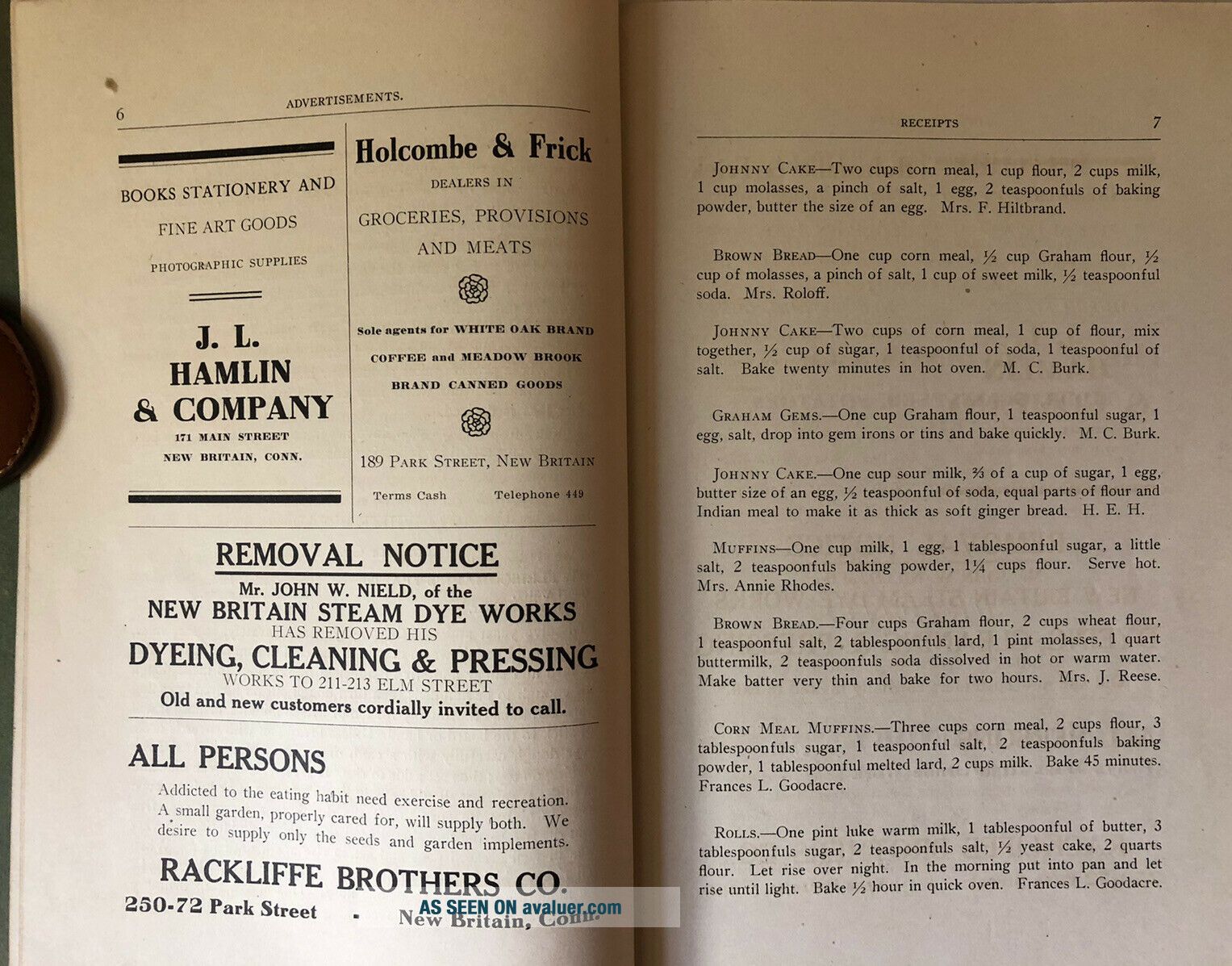 BRITAIN CT 1909 Cookbook Ladies Aid Society Of Stanley Memorial Church ...