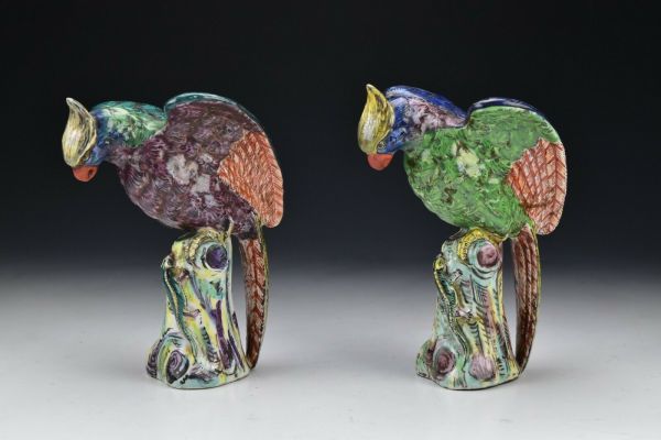 Pair Antique Continental Pottery Parrot Bird Statues Figurines Possibly ...
