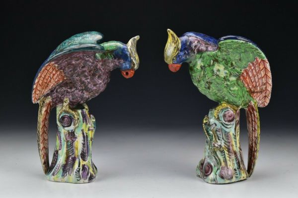 Pair Antique Continental Pottery Parrot Bird Statues Figurines Possibly ...