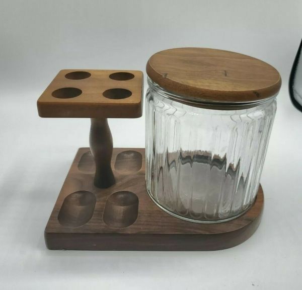 Vintage Wooden 4 Pipe Stand Holder With Glass Tobacco Jar Humidor ...