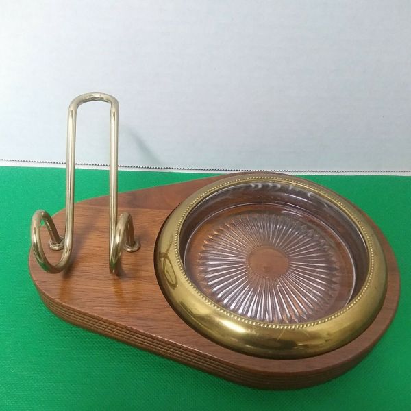 VINTAGE WOOD AND GLASS PIPE HOLDER AND ASHTRAY | #52187408