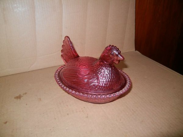 Vintage Indiana Glass Cranberry Red Hen On A Nest Covered Chicken Candy ...