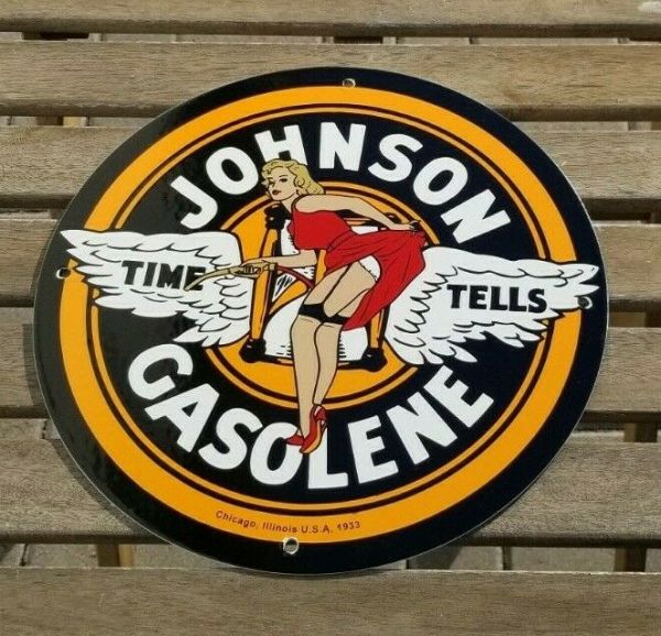 VINTAGE JOHNSON GASOLINE PORCELAIN GAS SERVICE STATION PUMP PLATE SIGN ...