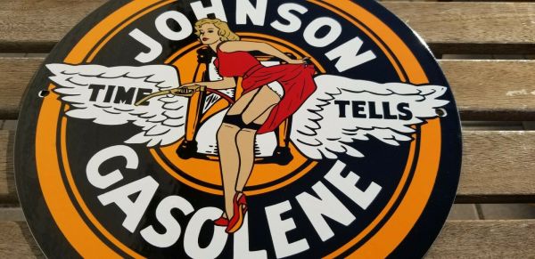VINTAGE JOHNSON GASOLINE PORCELAIN GAS SERVICE STATION PUMP PLATE SIGN ...
