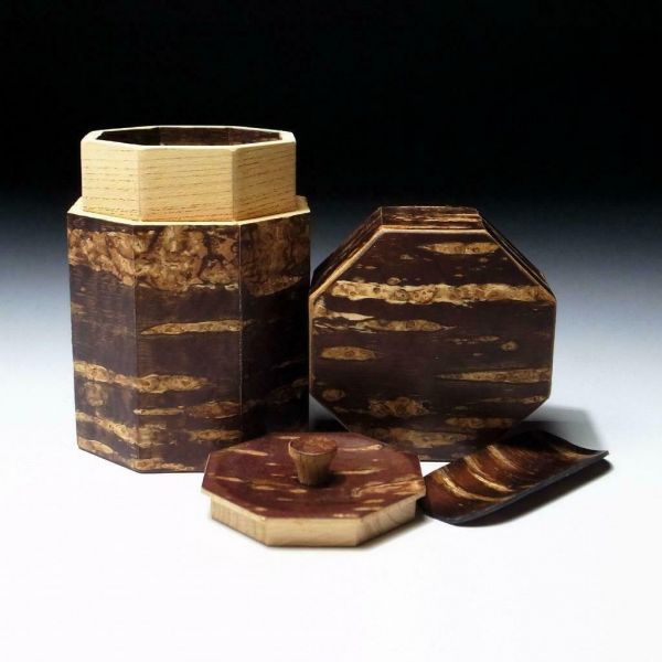 $UM44: Japanese High - Class Cherry Tree Bark Wooden Tea Caddy, Made In ...