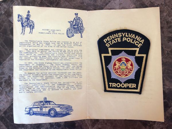 1980’s Pennsylvania State Trooper Police Shoulder Patch W/ History Card ...