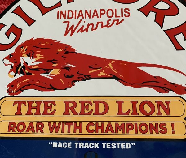 VINTAGE STYLE GILMORE RACING GASOLINE PORCELAIN SIGN RED LION OIL GAS ...