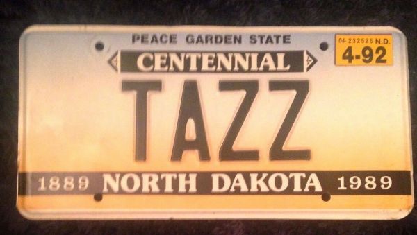 1992 NORTH DAKOTA VANITY PERSONALIZED LICENSE PLATE TAZZ TAZ TASMANIAN ...