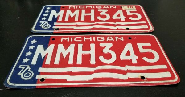 Vintage 1976 State Of Michigan License Plate Set Matching Bicentennial ...