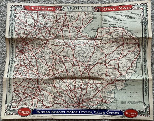 Vintage Triumph Road Map Of East Anglia | #53090361