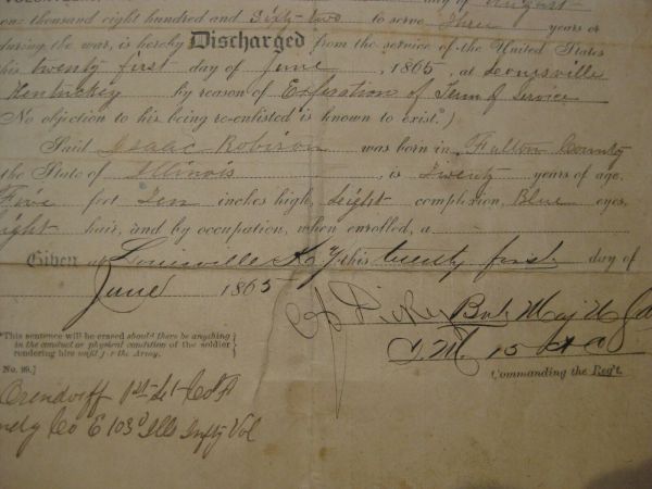CIVIL WAR DISCHARGE PAPER Isaac Robison 103rd Illinois Infantry ...