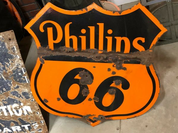 Vintage PHILLIPS 66 Double Sided PORCELAIN Sign Gas Oil OLD Station DSP ...