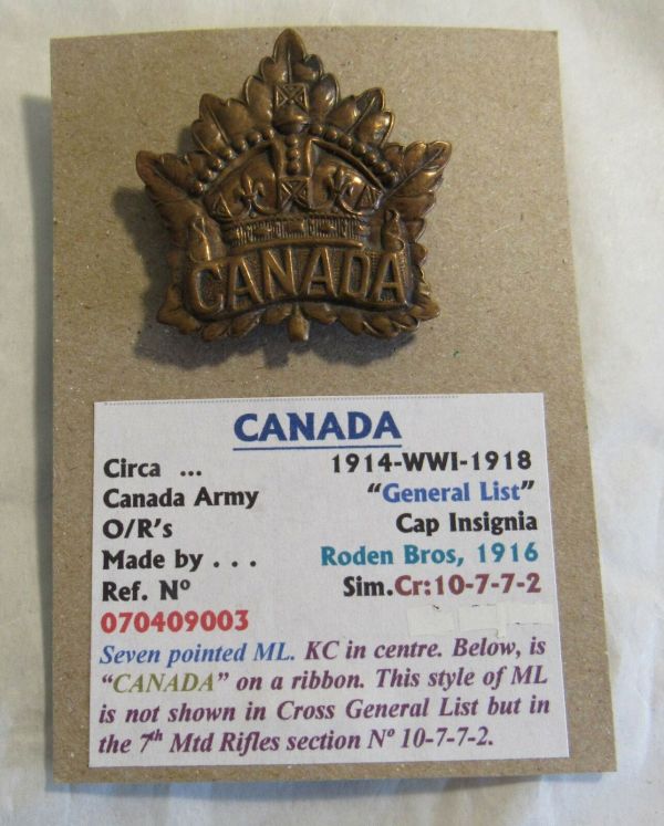 WWI Canada General List Maple Leaf Cap Badge Vintage CEF Insignia 7 ...