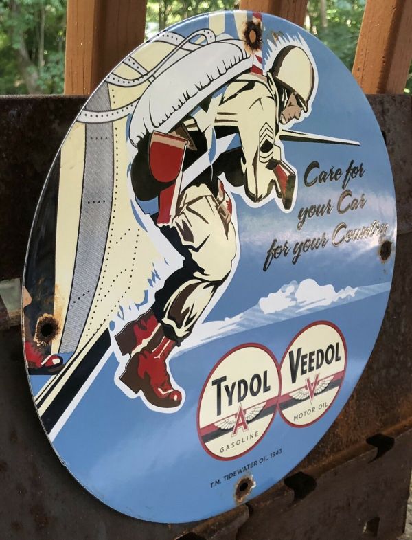 VINTAGE 1943 DATED TYDOL VEEDOL GASOLINE MOTOR OIL HEAVY PORCELAIN SIGN ...