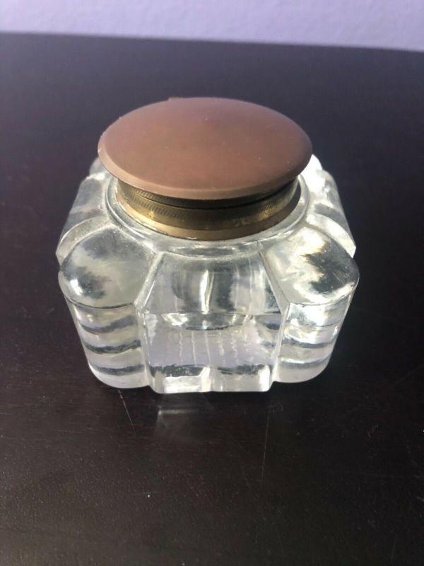 Vintage Leaded Glass Inkwell Early 20th Century With Brass Top | #53841999