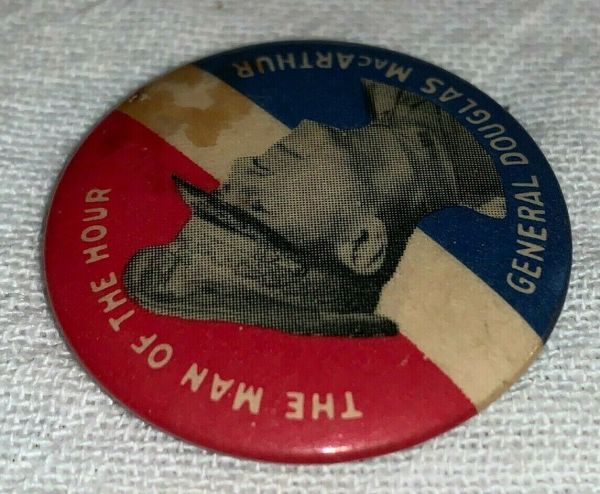 ANTIQUE CELLULOID PINBACK BUTTON GENERAL DOUGLAS MACARTHUR MAN OF THE ...
