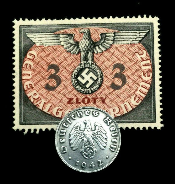 Rare Old WWII German War 1 Rp Coin & 3 Zolty Stamp World War 2 ...