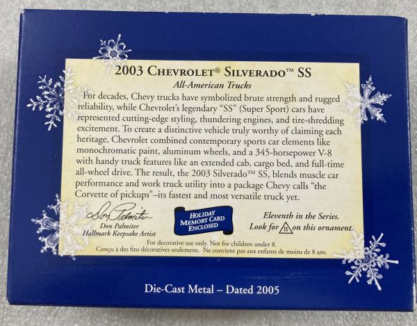 Hallmark 2003 Chevrolet Silverado SS Christmas Ornament Blue Truck W ...