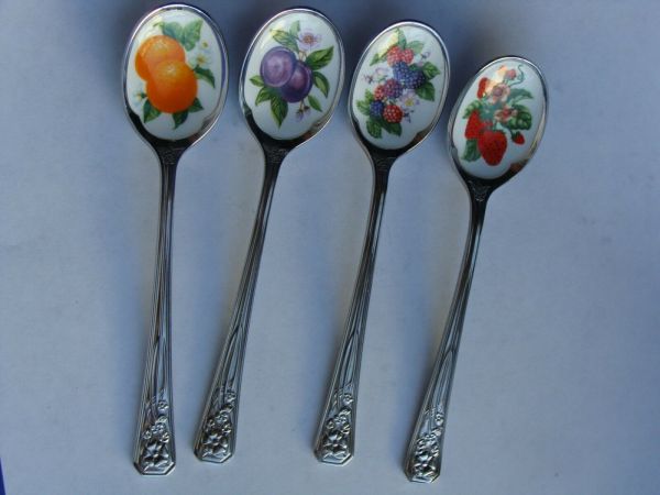 Vintage Avon Set 4 Fruit Jelly Jam Spoons Enamel Stainless Steel ...