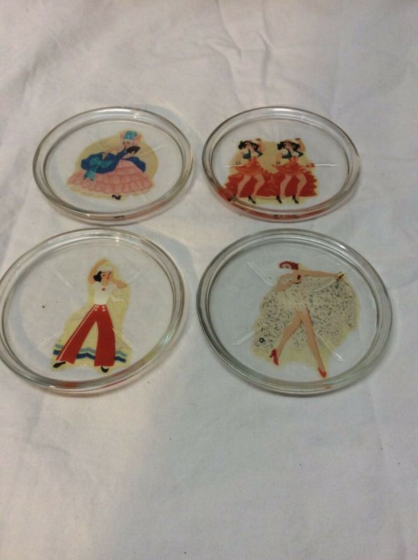 Set Of 4 Vintage Glass Coasters With Stickers | #54440801