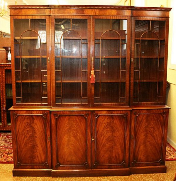 Incredible English Flame Mahogany Breakfront Bookcase Cabinet By Bevan ...