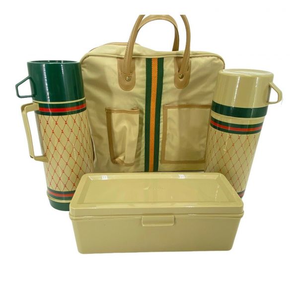 Vintage ALADDIN Picnic Set With 2 Thermos Lunch Box And Carrying Bag ...