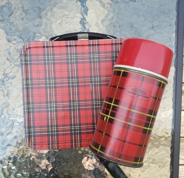 Vintage Aladdin Lunch Box Red Tartan Plaid With Metal Thermos Set 1950 ...