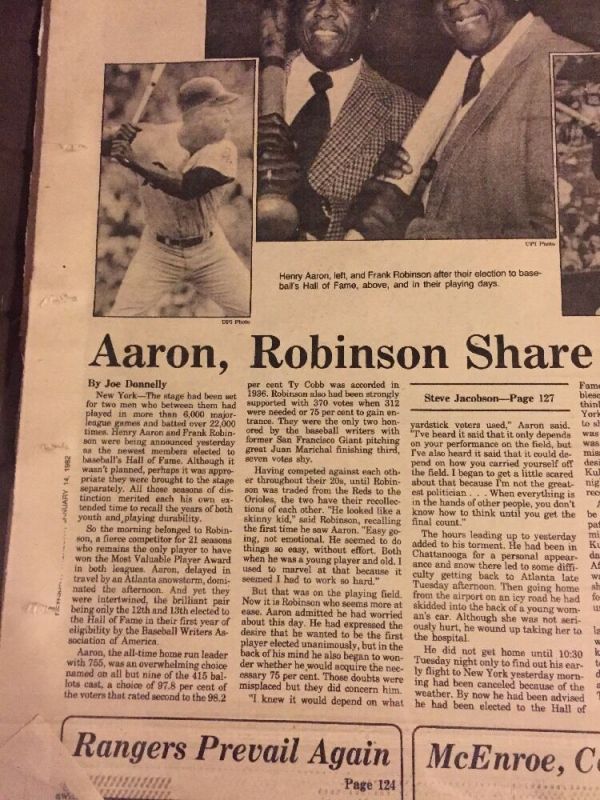 YORK NEWSDAY JAN 14 1982 HANK AARON - FRANK ROBINSON ELECTED TO HALL OF ...