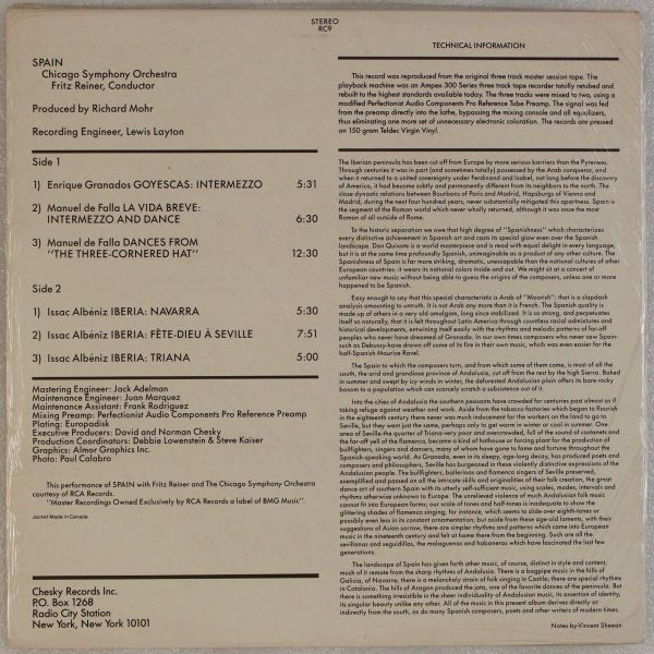 FRITZ REINER: Spain, Chicago Symphony TAS Chesky Audiophile Vinyl LP NM ...
