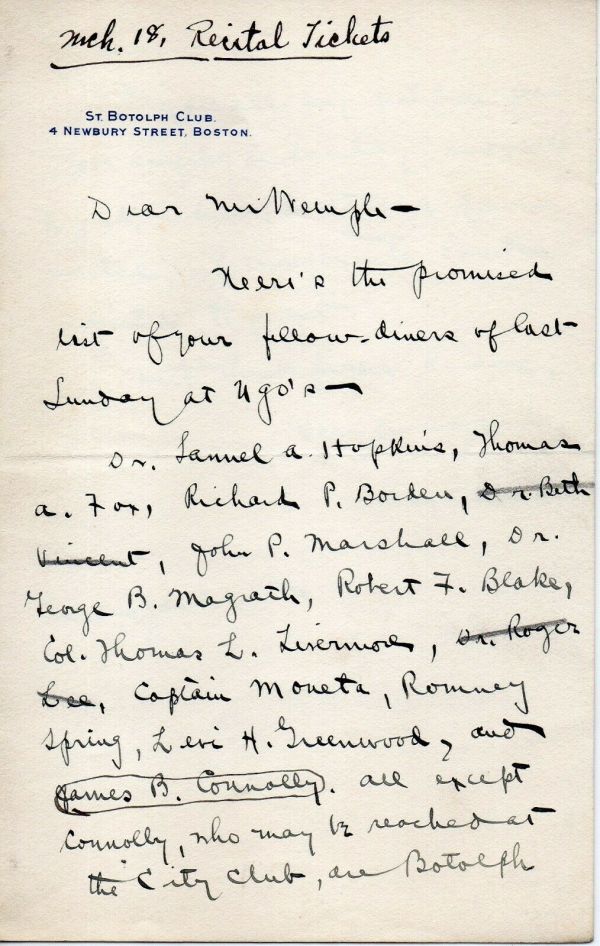 64839. Jan 1913 Letter From St Botolph Club Boston List Of Members For ...