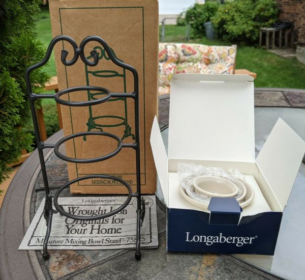 Longaberger Miniature Wrought Iron Mixing Bowl Stand & Mixing Bowls ...