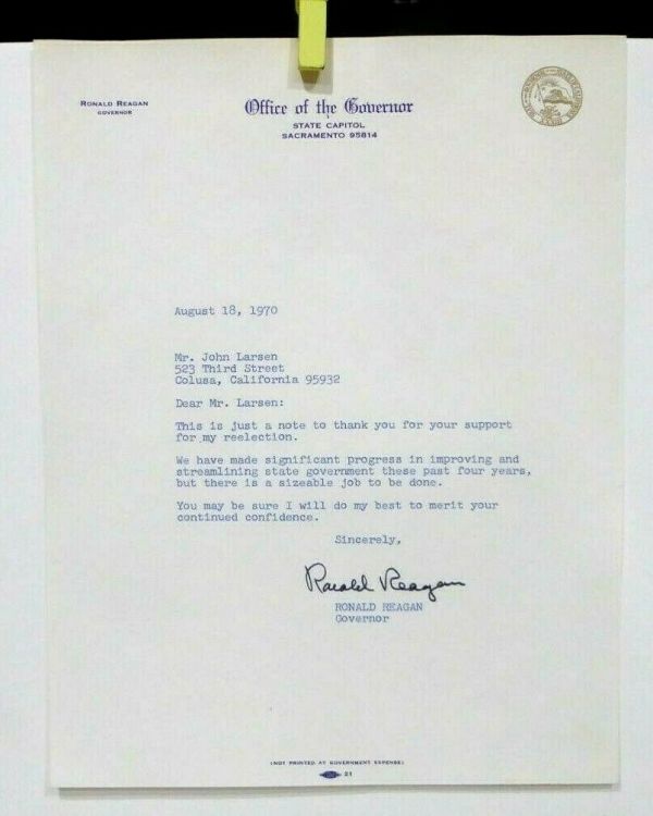 1970 Ronald Reagan Governor California Signed Personal Letter August 18 ...