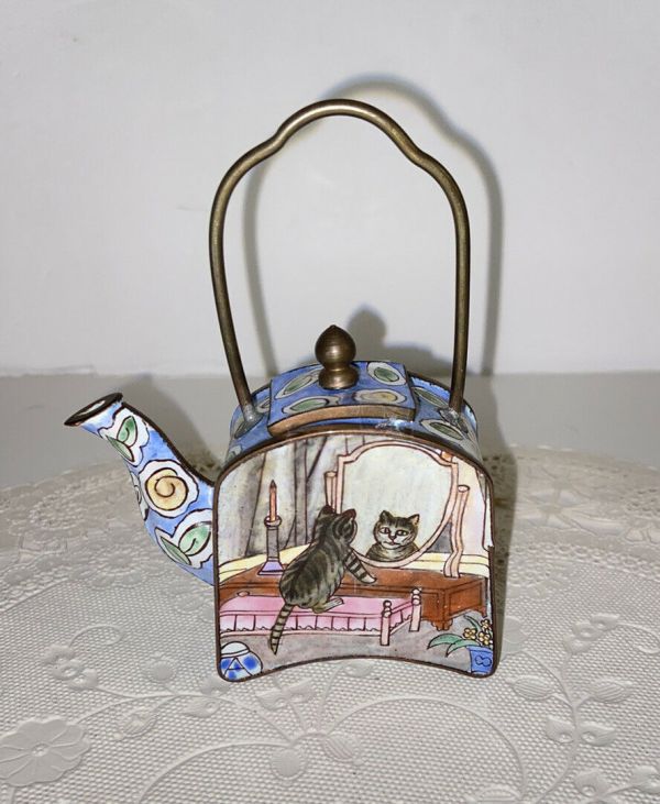 EMPRESS ARTS Enamel Mini Cat Tea Pot Blue Cat Looking In Mirror 1997 ...