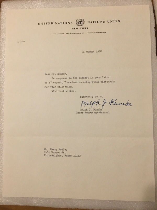 Ralph Bunche Letter Signed. Nobel Peace Prize, US Ambassador To UN ...