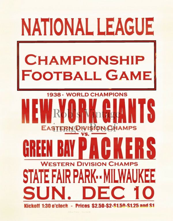 York Giants Green Bay Packer Football Game Poster 1939 NFL Man S ...