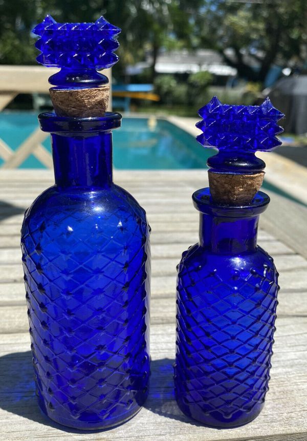 Antique 2 Cobalt Blue Glass POISON Bottle Lattice Stopper Cork Vintage ...